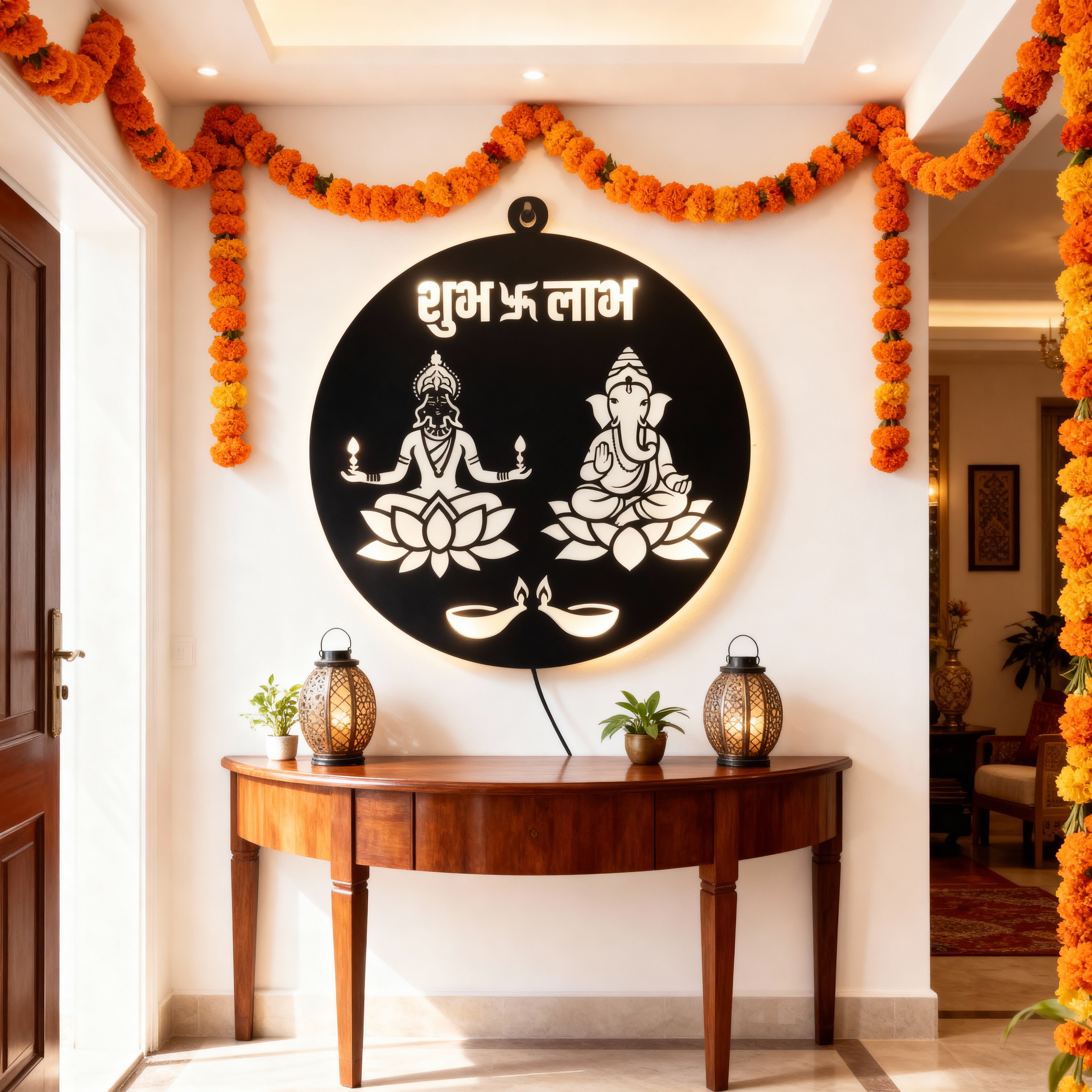 Laxmi Ganesh LED Wall Light – Shubh Labh Diwali Decor & Gift – Bhootiya